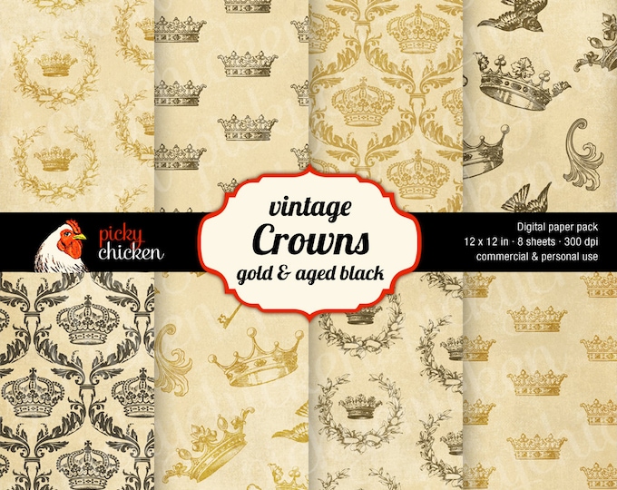 Royalty Gold Crown Clipart and Digital Paper, Backgrounds and Overlays ...