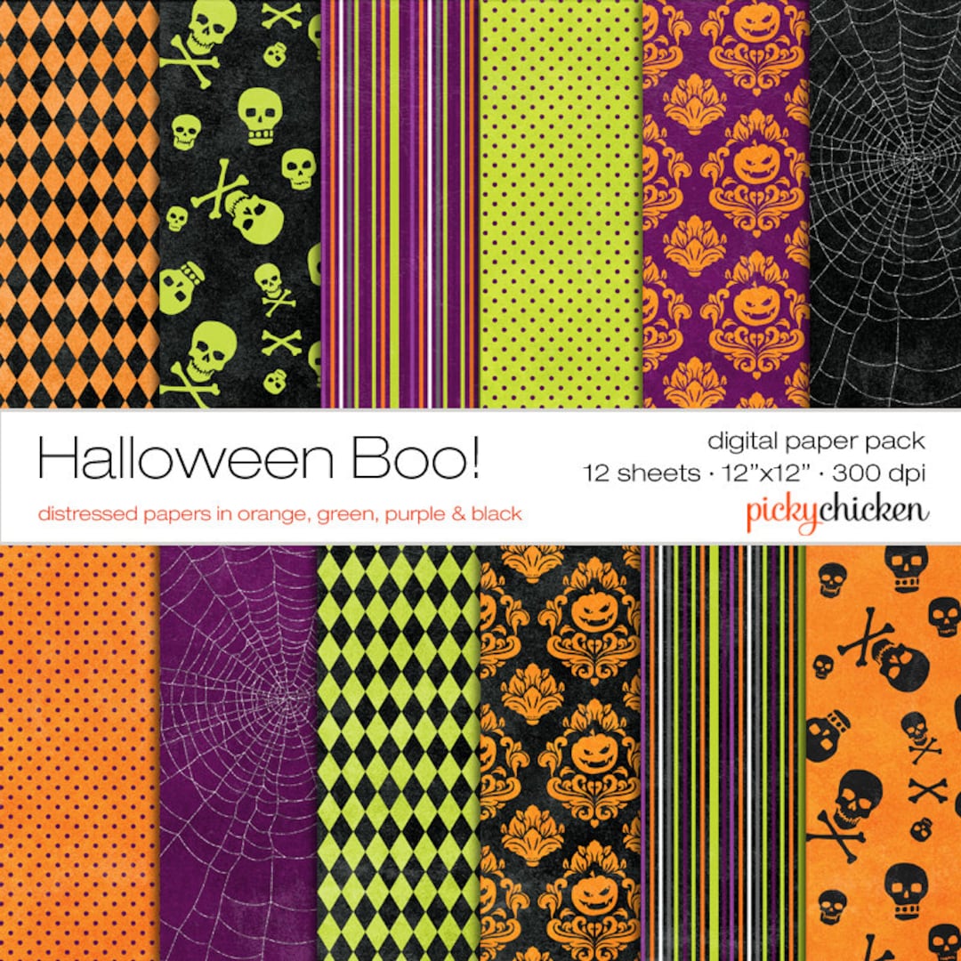 Halloween Digital Paper - Orange Pumpkins Damask, Green, Purple 12x12 ...