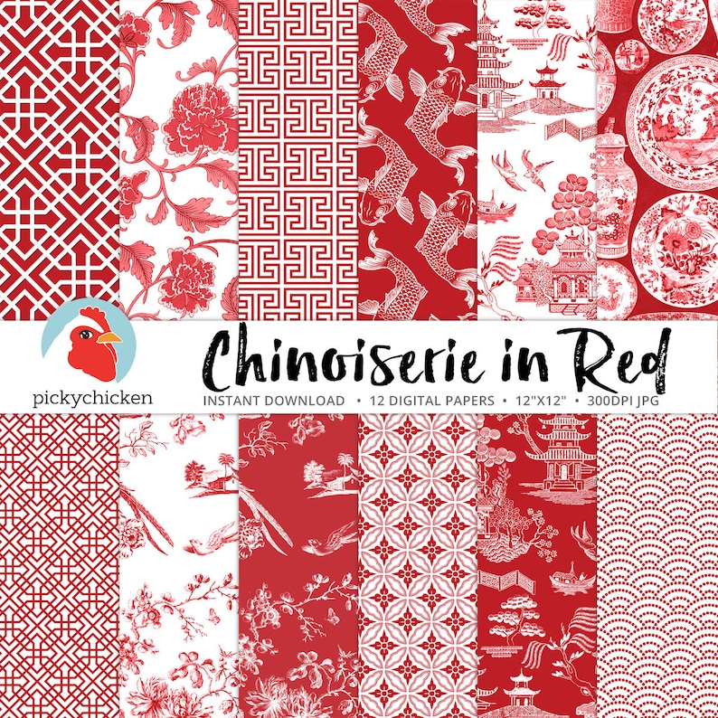 Chinoiserie Digital Paper, Chinese Patterns, Red & White, Christmas ...