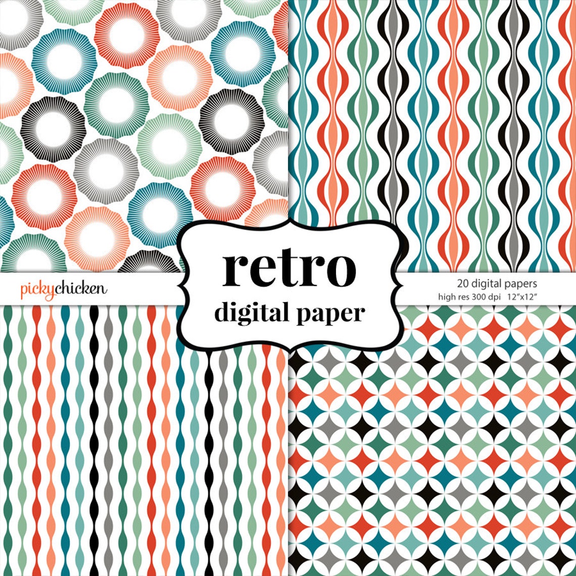 Retro Digital Paper Chevrons Polka Dots Vintage Patterns Mid - Etsy
