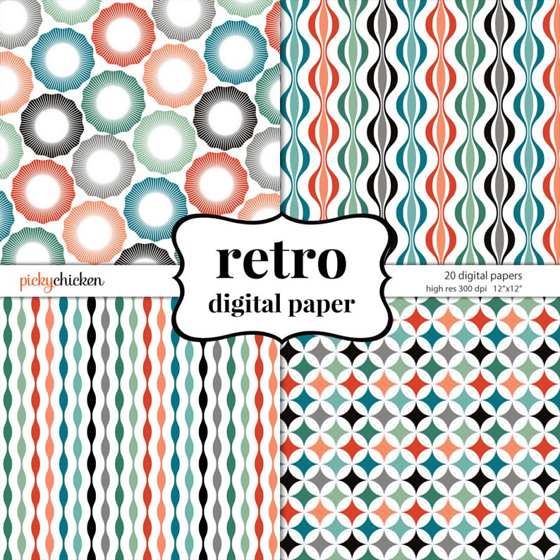 Retro Digital Paper Chevrons Polka Dots Vintage Patterns Mid - Etsy
