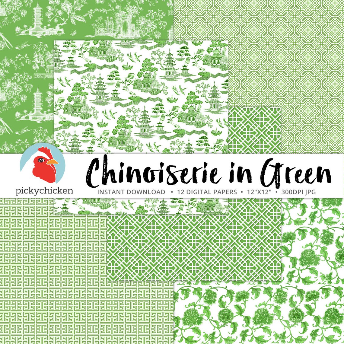 Chinoiserie Digital Paper, Chinese Patterns, Green & White Paper ...