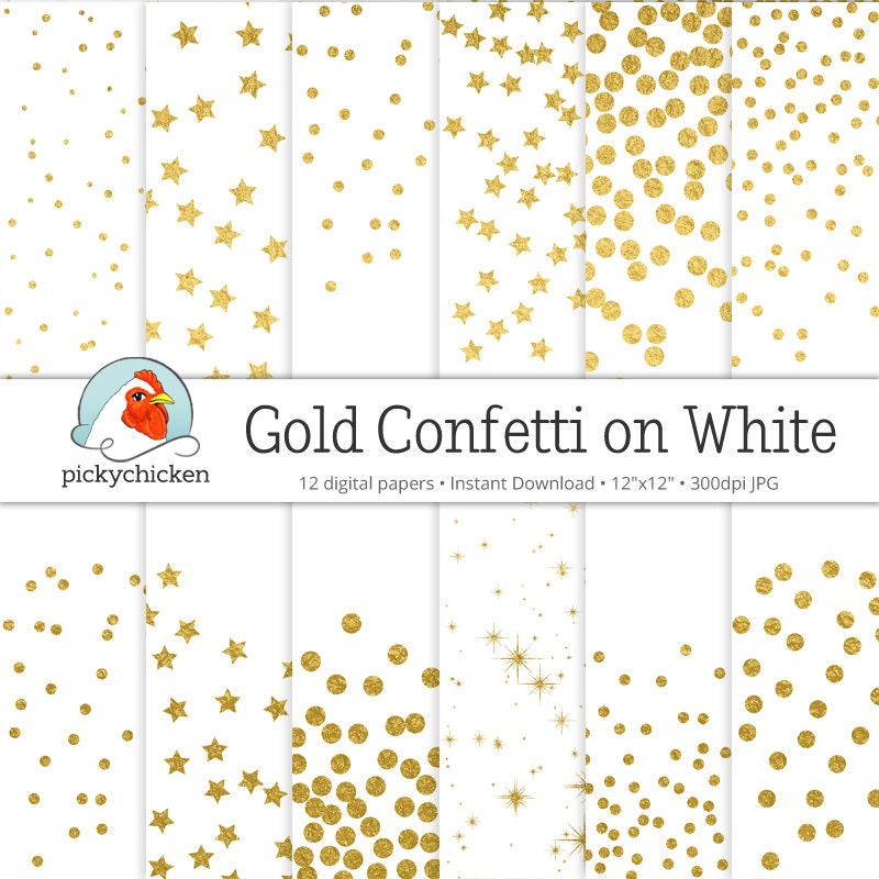 Gold Confetti on White Digital Paper faux gold foil wedding | Etsy