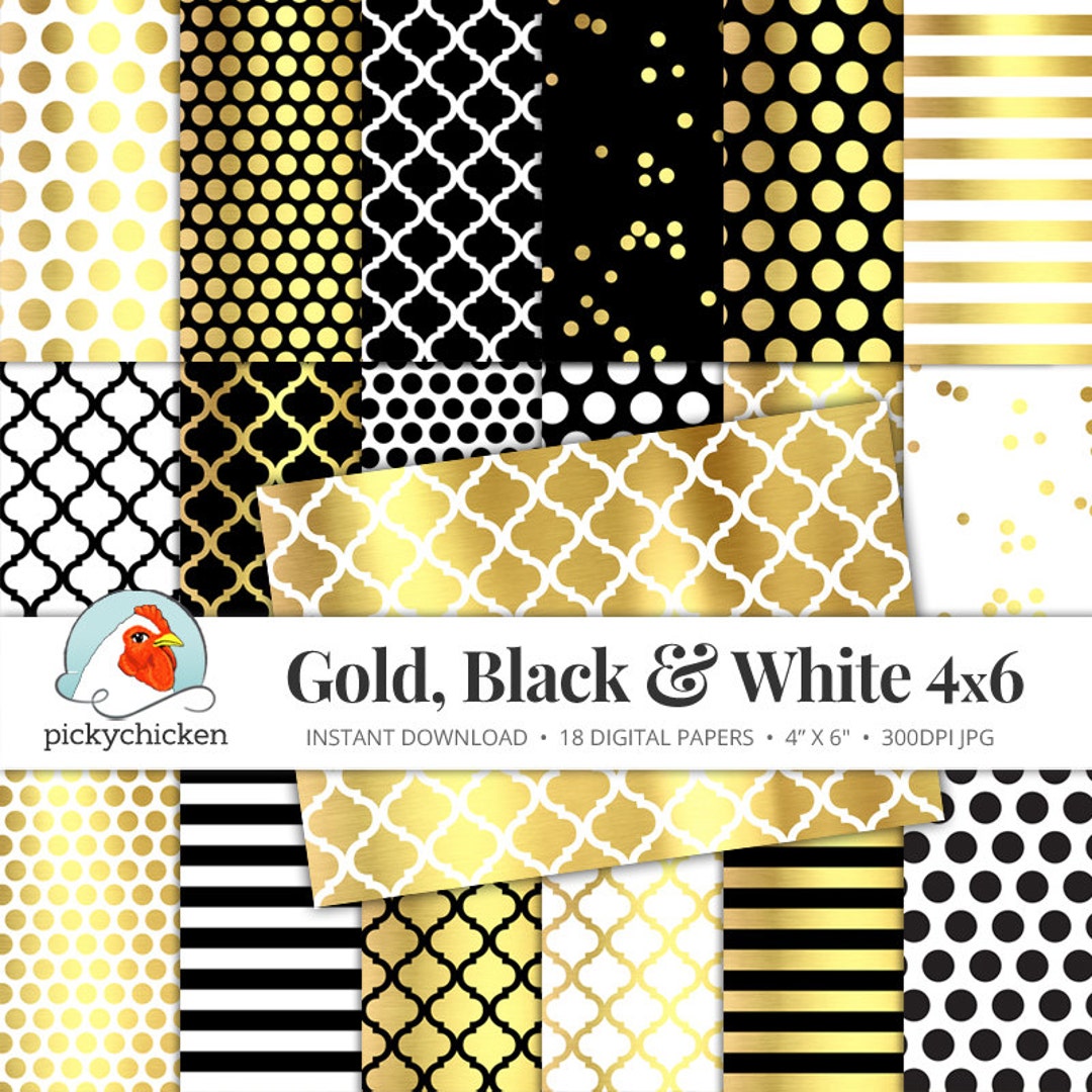 Gold Foil Digital Paper 4x6 - Gold Black & White, Gold Glam Dots ...