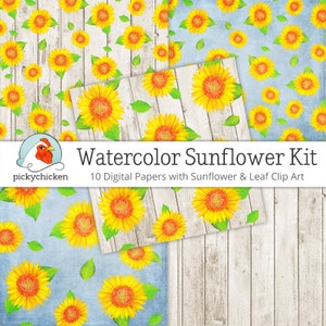 Watercolor Sunflower Digital Paper & Clip Art Kit Sunflower Clipart ...
