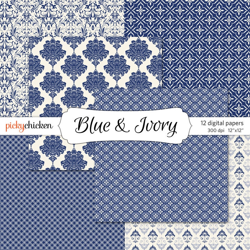 Blue Damask Digital Paper Ivory & Navy Formal Background - Etsy