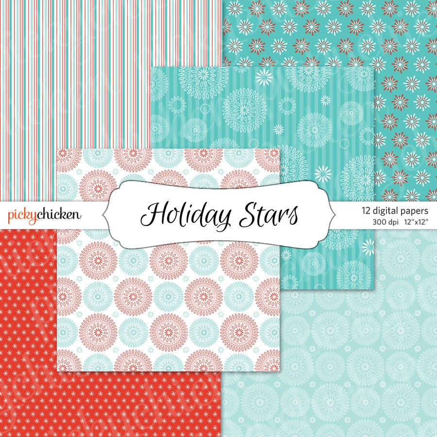 Christmas Digital Paper Holiday Stars winter snowflakes red | Etsy