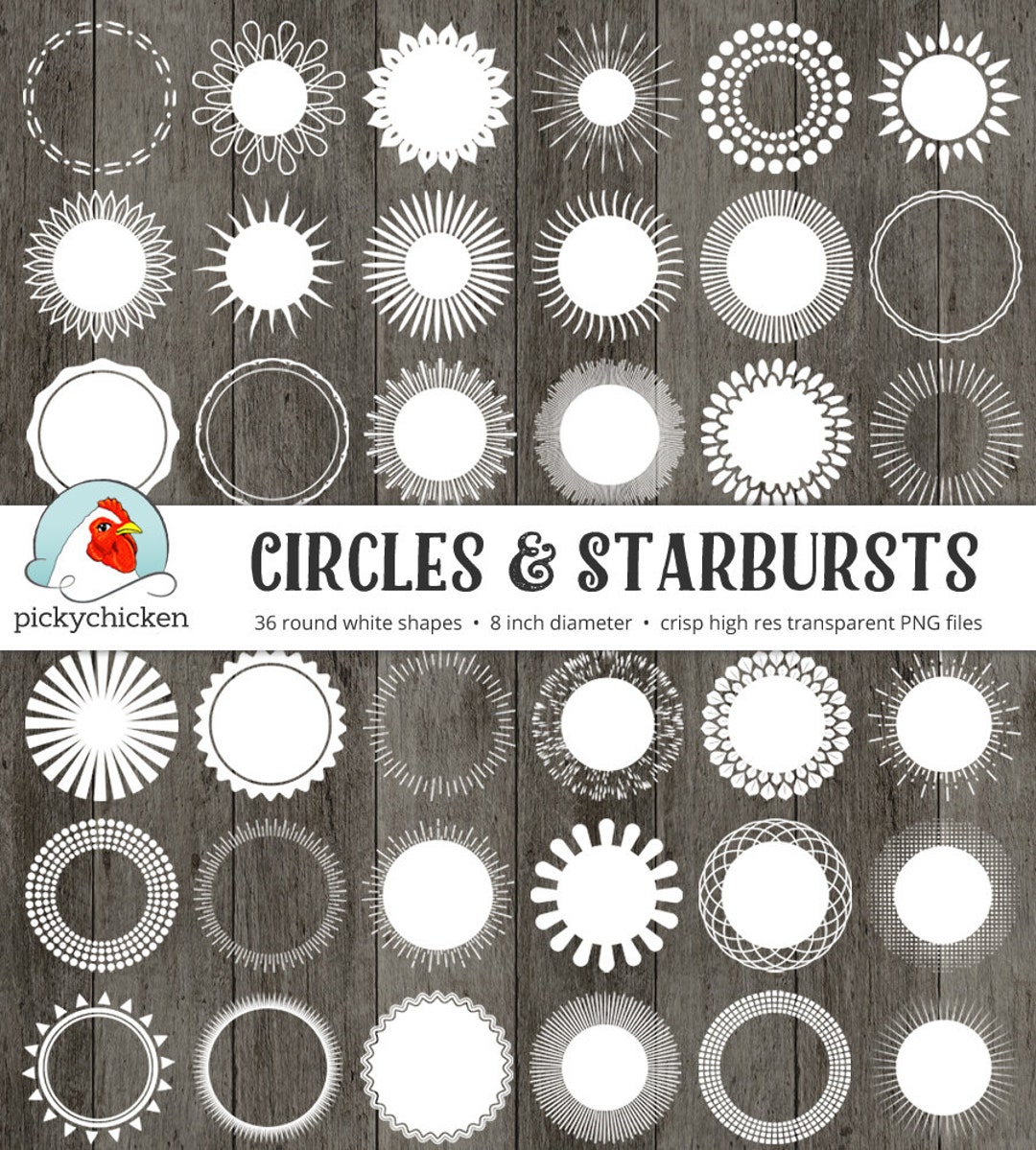 Circles & Starbursts Round Clip Art - 36 White Digital Borders Frames ...