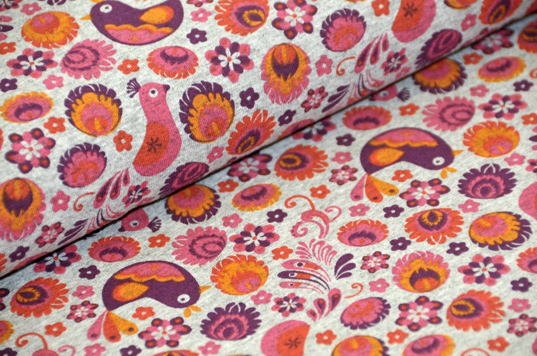 15,00 EUR/mètre Jersey Folklore Oiseaux fleurs violet rose orange folk ...