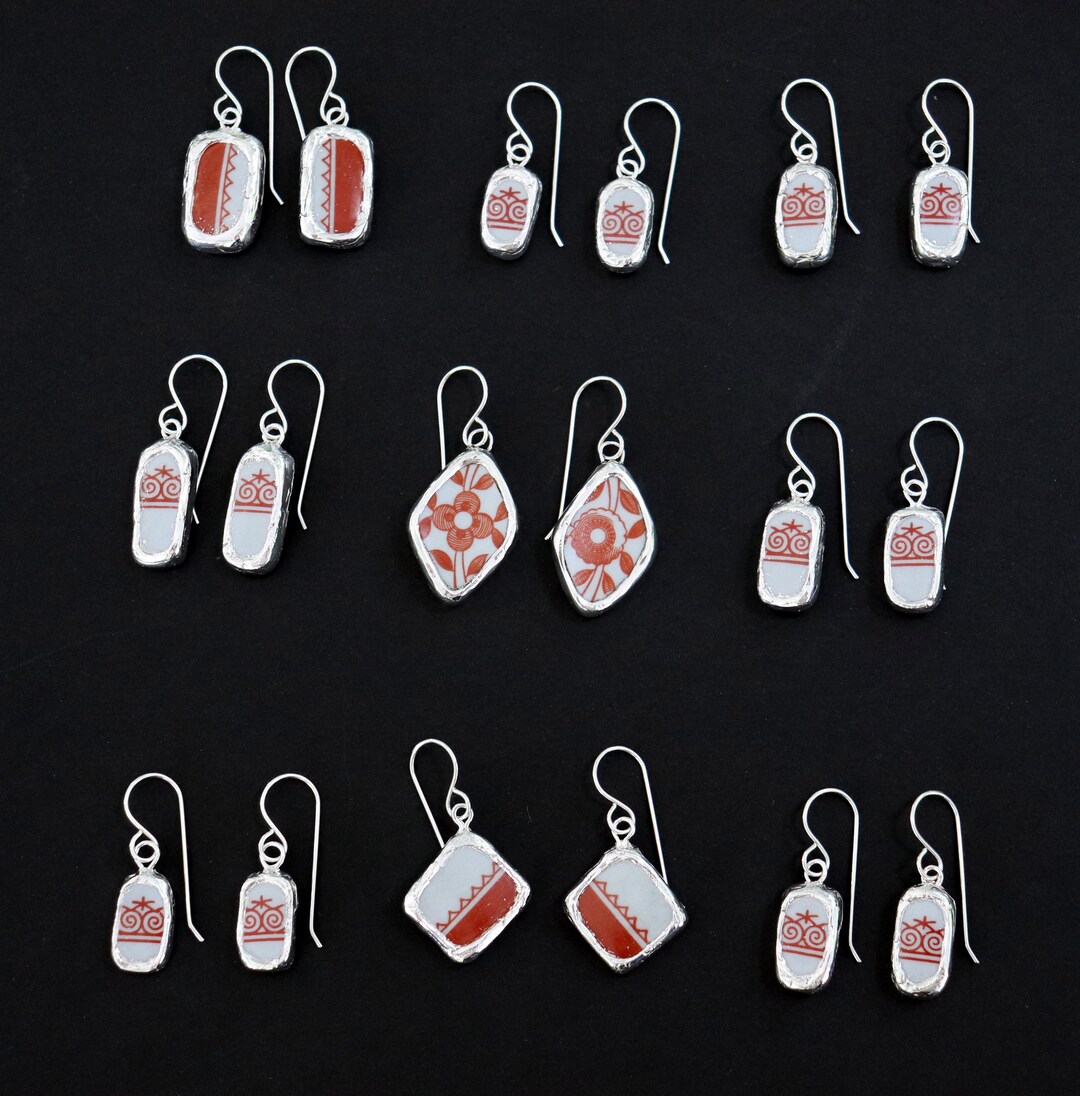 Spode Gloucester Red, Pottery Shard Earrings, Red and White Earrings ...