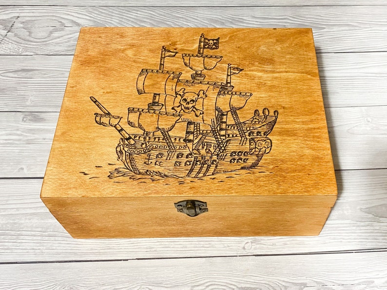 Pirate Ship Captain Jack Hand-burnt Wooden Box - Trinkets and Memories ...