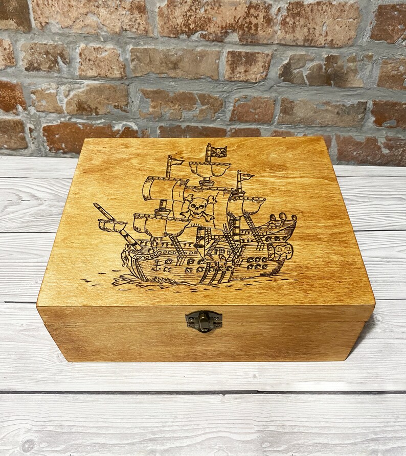 Pirate Ship Captain Jack Hand-burnt Wooden Box - Trinkets and Memories ...