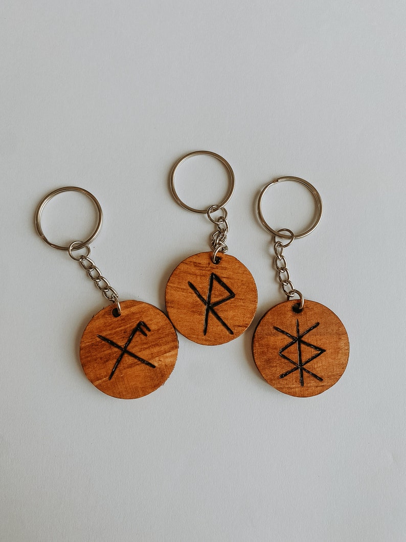 Nordic Rune Keyring – Hand Burned Wood Charm for Protection & Luck ...