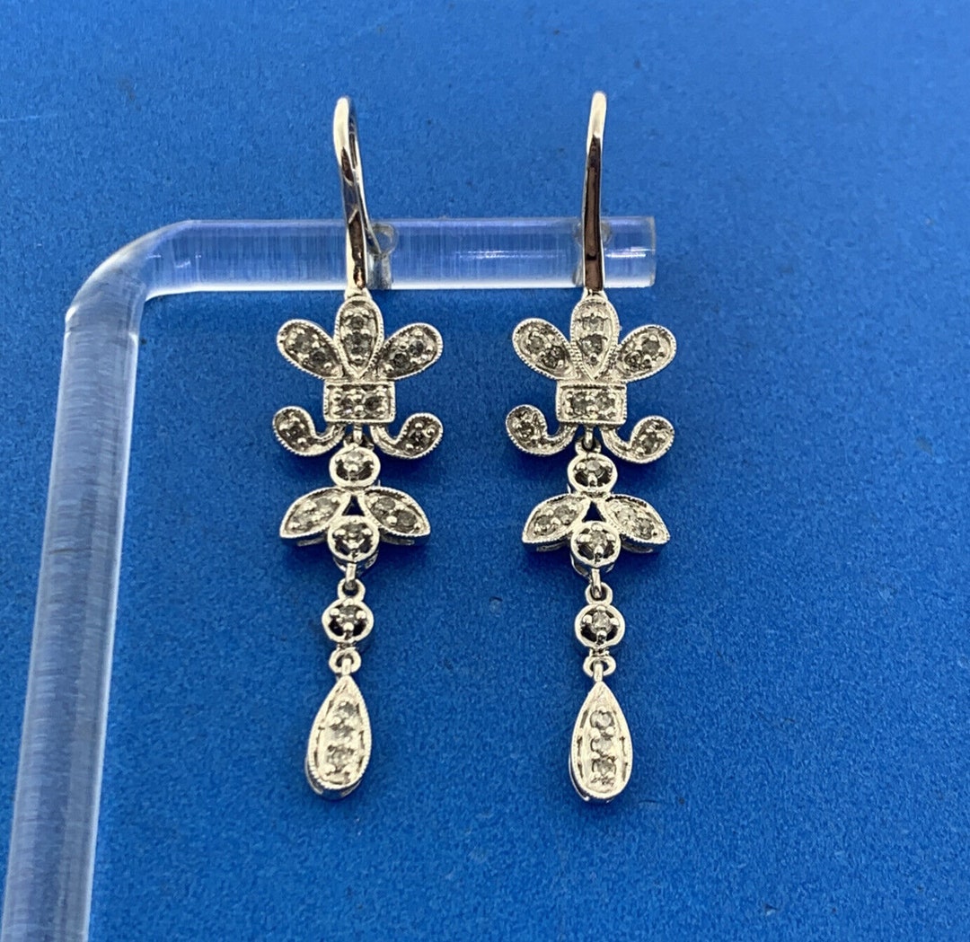Designer 10k White Gold Diamond Fleur De Lis Dangle Drop Etsy