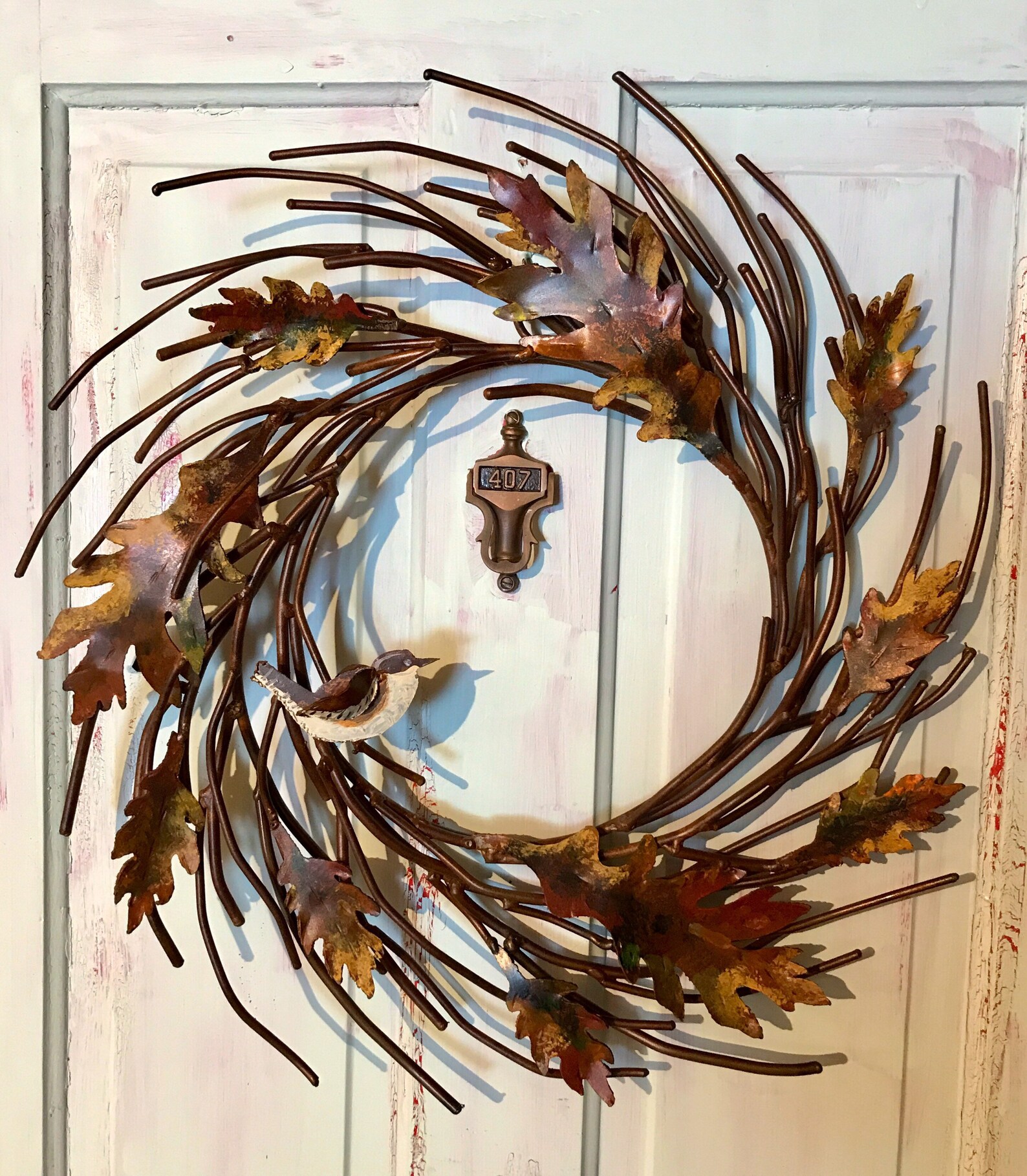 Fall Metal Wreath Oak Leaf Wreath Metal Wren Hand Painted - Etsy