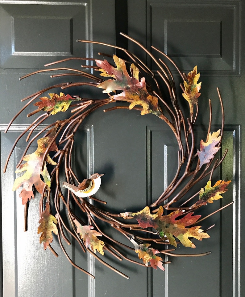Fall Metal Wreath Oak Leaf Wreath Metal Wren Hand Painted - Etsy