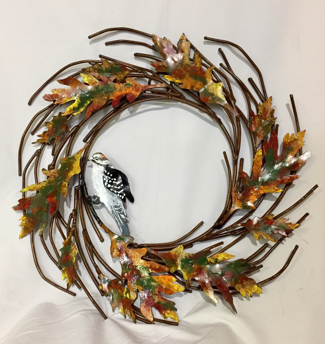 Fall Metal Wreath Oak Leaf Wreath Metal Wren Hand Painted - Etsy