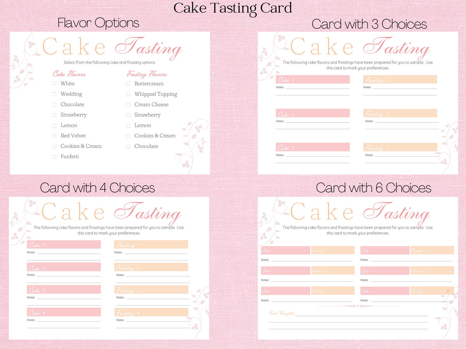 Cake Tasting Card, Wedding Cake Consultation Card, Printable PDF ...