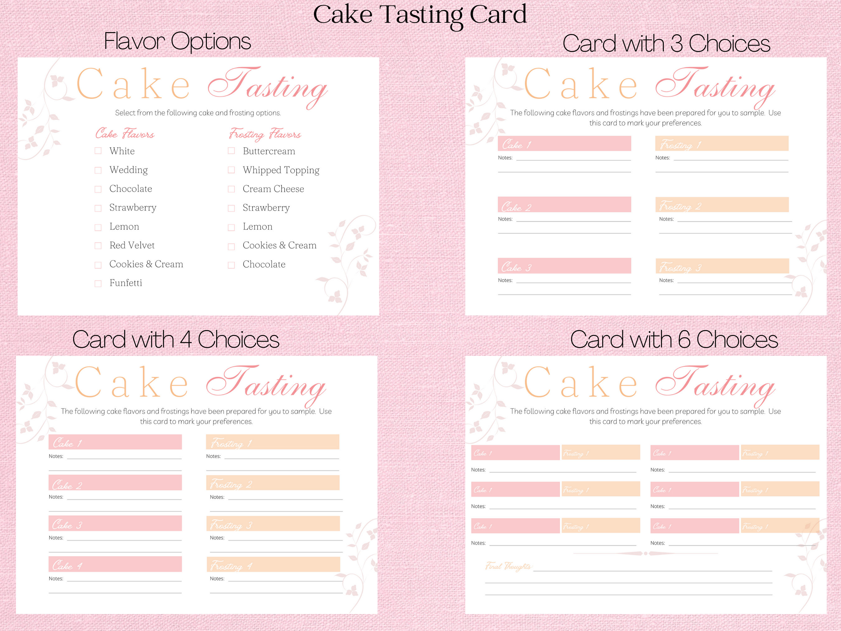 Cake Tasting Card, Wedding Cake Consultation Card, Printable PDF ...