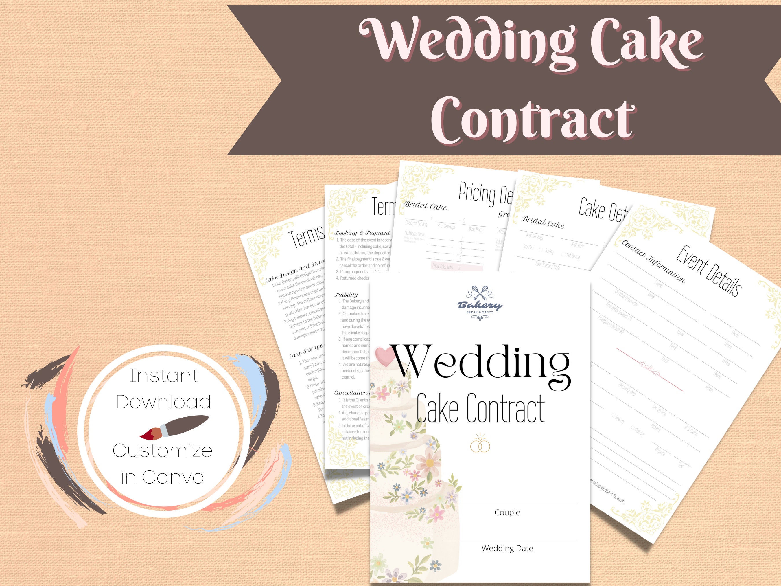 Cake Contract, Printable PDF, Editable Canva Template, Wedding Cake ...