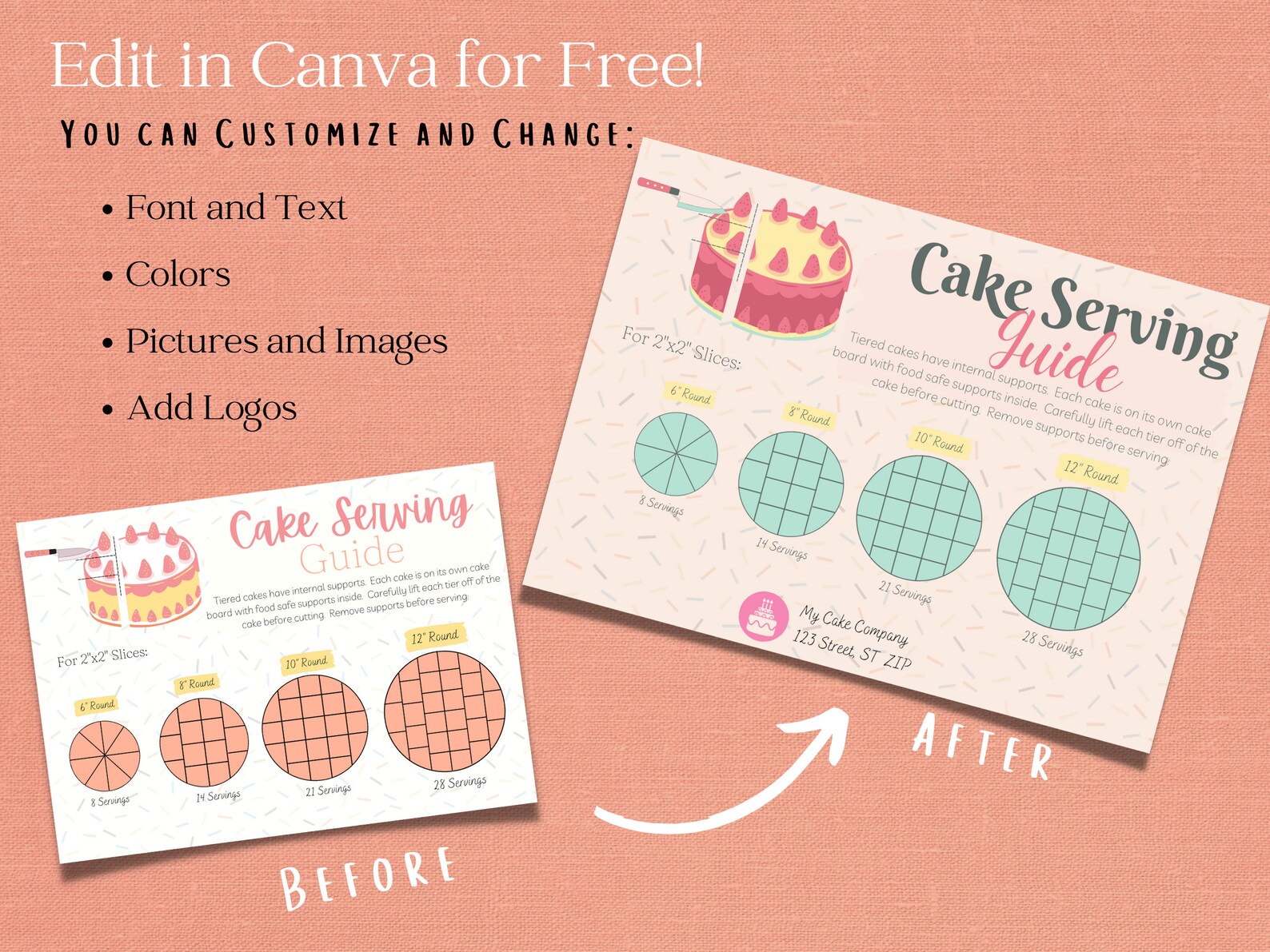 Cake Serving Guide 2"x2" Slices, Printable PDF, Editable Canva Template ...