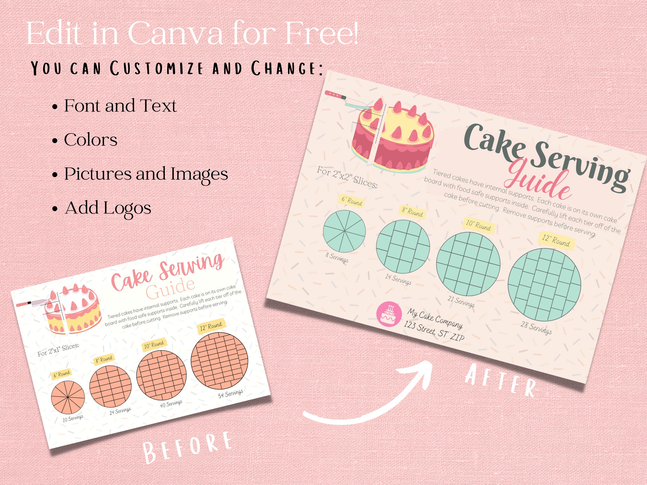 Cake Serving Guide 2x1 Slices, Printable PDF, Editable Canva Template ...