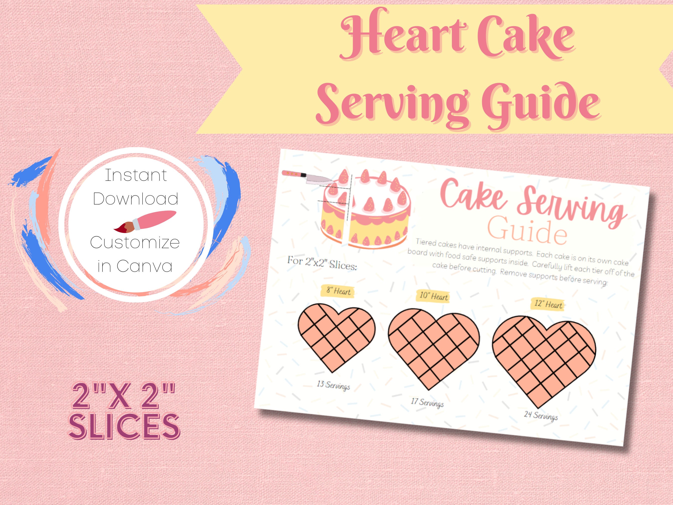 Heart Cake Serving Guide 2"x2" Slices, Printable PDF, Editable Canva ...