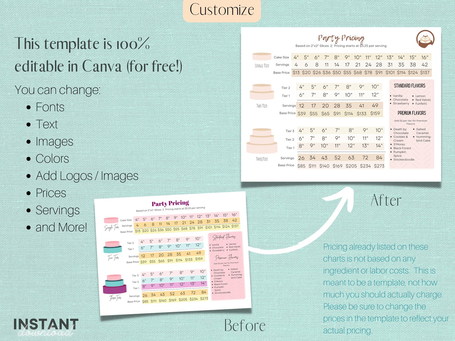 Cake Pricing Chart, Cake Serving Guide, Editable Canva Template, Custom ...