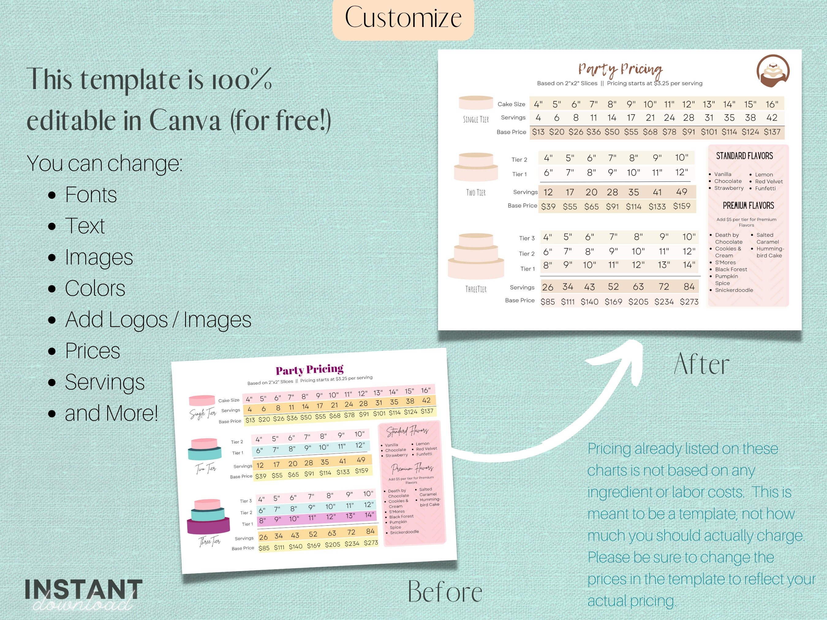 Cake Pricing Chart, Cake Serving Guide, Editable Canva Template, Custom ...