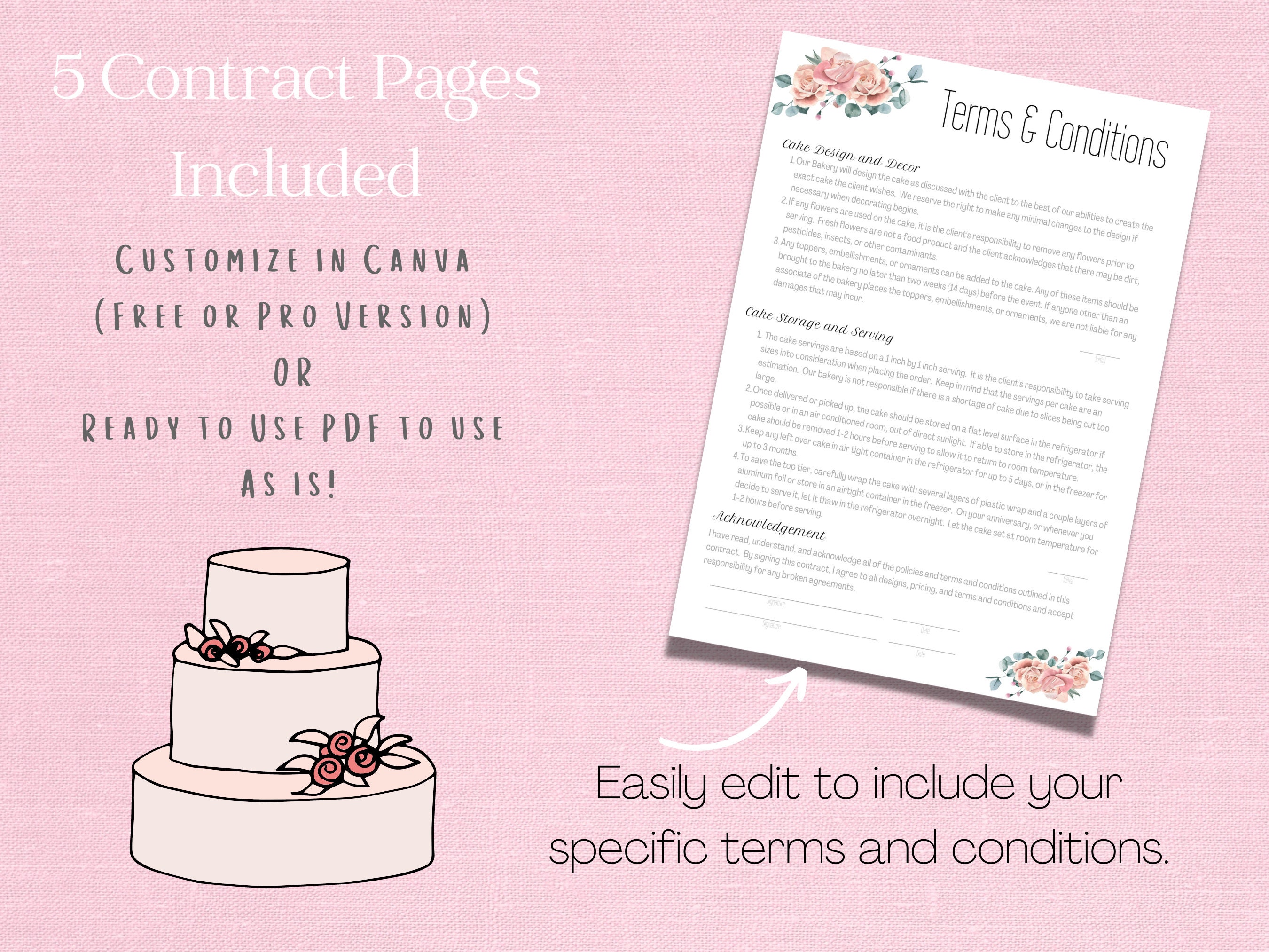 Cake Contract, Printable PDF, Editable Canva Template, Wedding Cake ...
