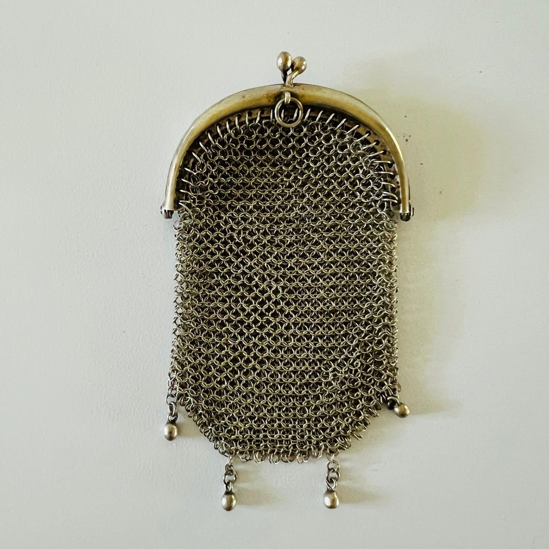 Antique French Art Deco Chainmail Mesh Silver Tassel Fringe Ball Coin ...