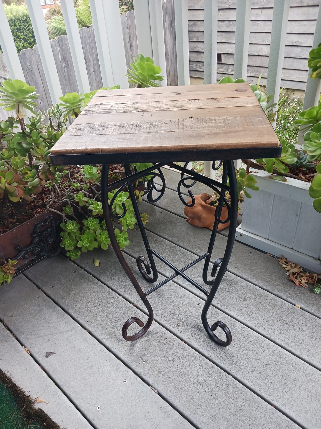 Rustic Metal Plant Stand Plant Table Reclaimed Wood Top Seller Upcycled ...