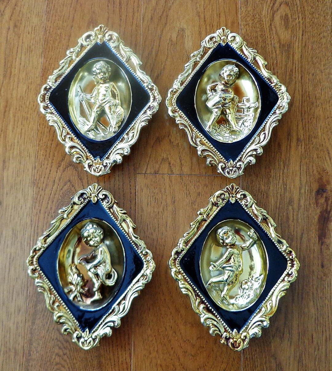 ARDCO Cherub Wall Plaques: Set of 4 Black and Gold Hollywood Regency ...