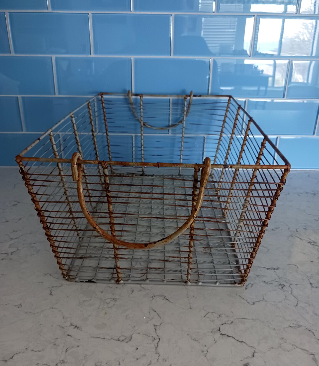 Rectangular Wire Basket With Handles Chippy Gray and Rust 14.75 X 9.75 ...