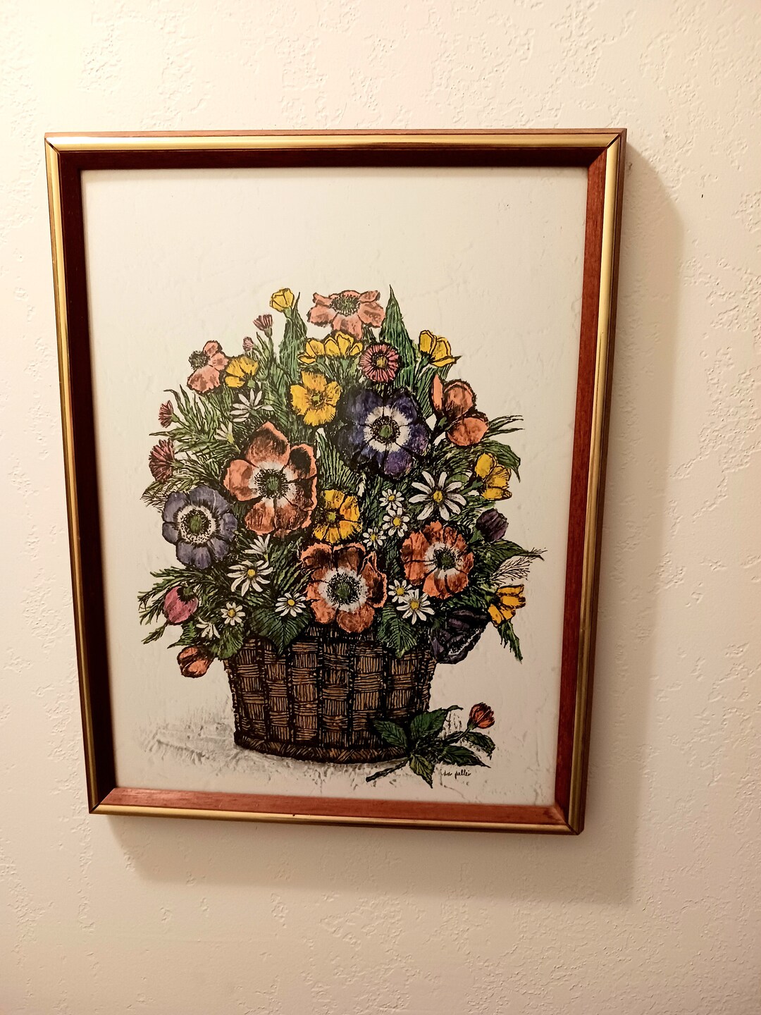 Ida Pellei Lithograph Print Flower Basket Framed 17x13 Inches 1970s ...