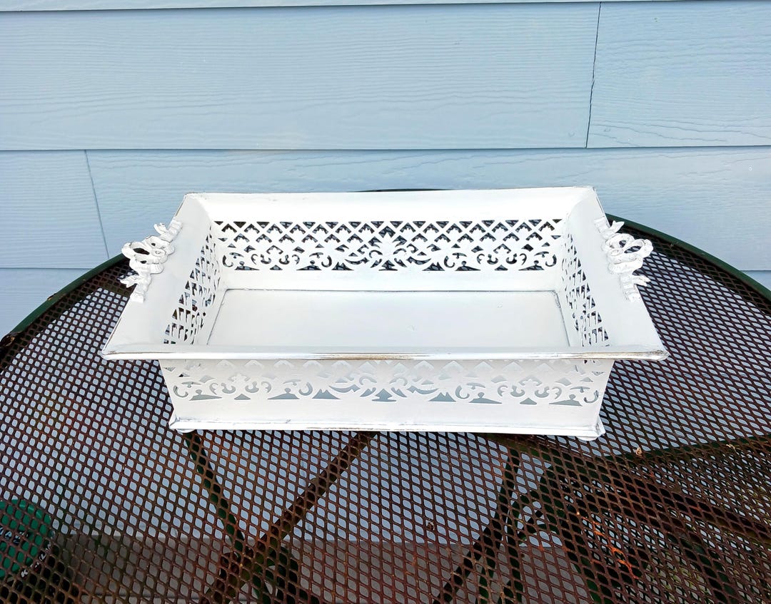 Ornate Filigree Metal Pan, Tray, Basket Chippy White Paint Flared Sides ...