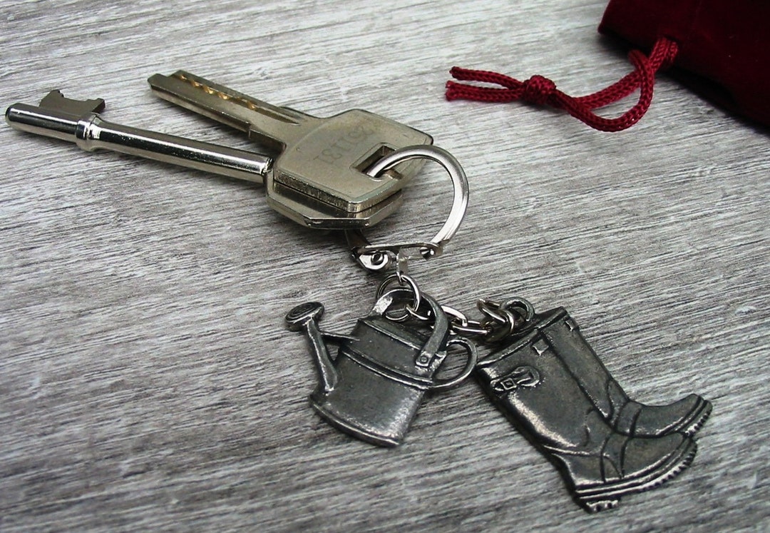 Wellington Boots & Watering Can Pewter Combo Keychain - Gardener Garden ...