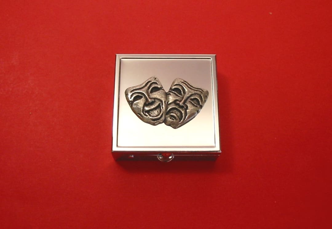 Comedy Tragedy Masks Design Square Chrome Mint / Pill Box Small Trinket ...