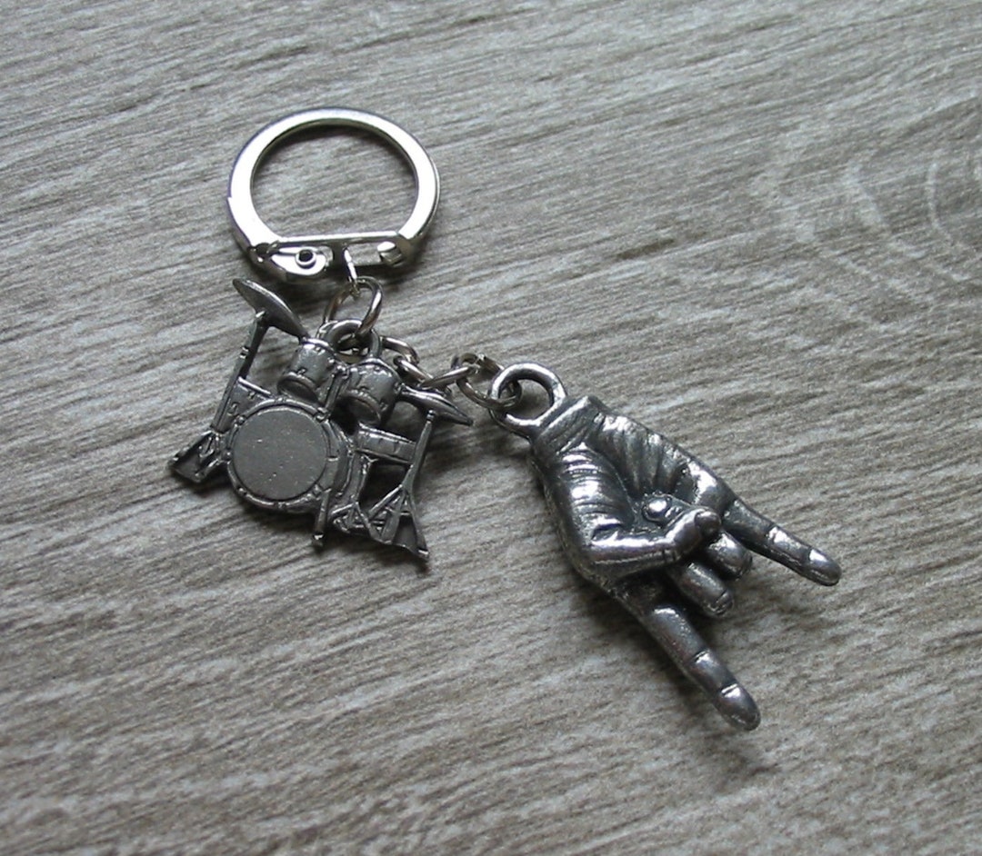 Rock on & Drums Pewter Keyring Combo Heavy Metal Gift Rock Music ...