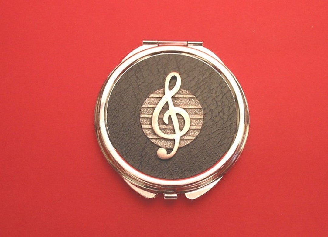 Treble Clef Pewter Motif on Black Round Compact Mirror Mother Ladies ...