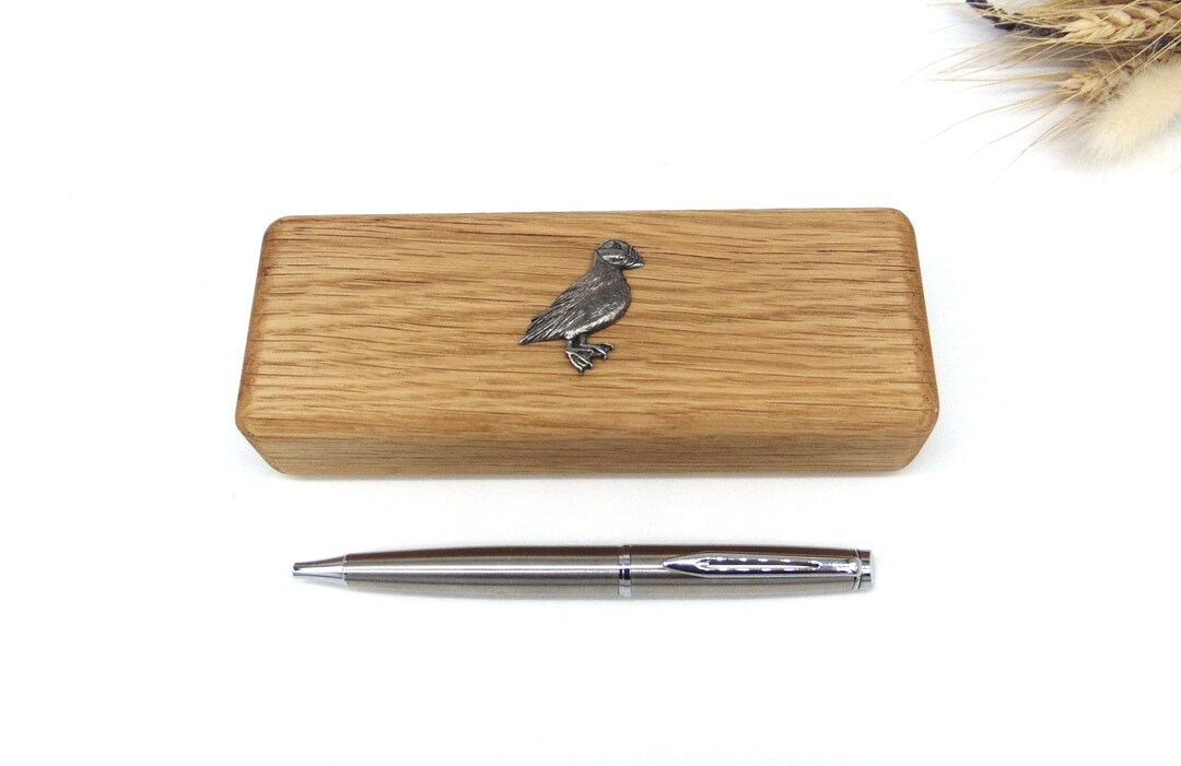 Puffin Design Oak Wooden Pen Box & Pen Set Pen Storage Desktop ...