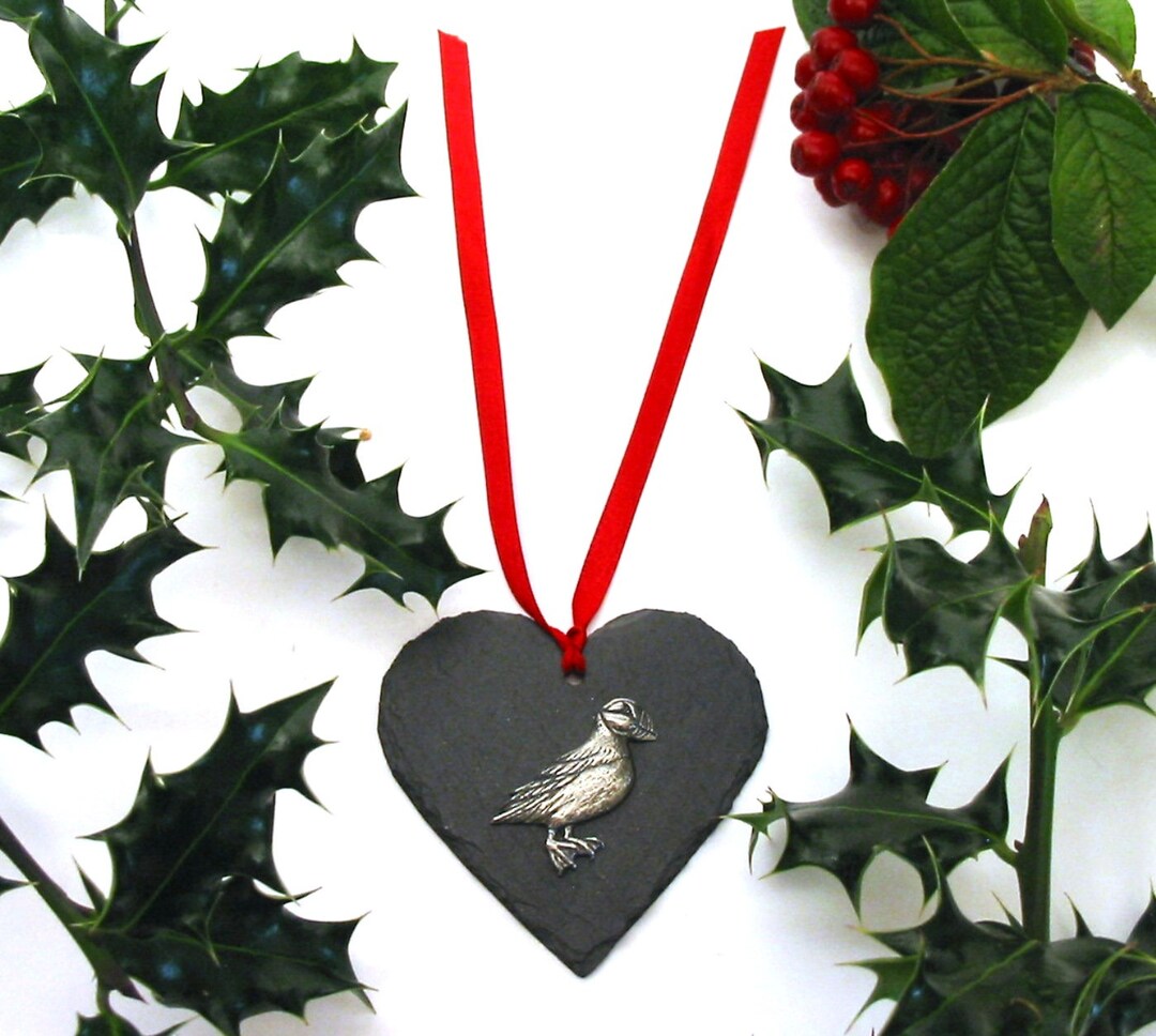 Puffin Design Natural Slate Heart - Puffin Christmas Ornament - Unique ...