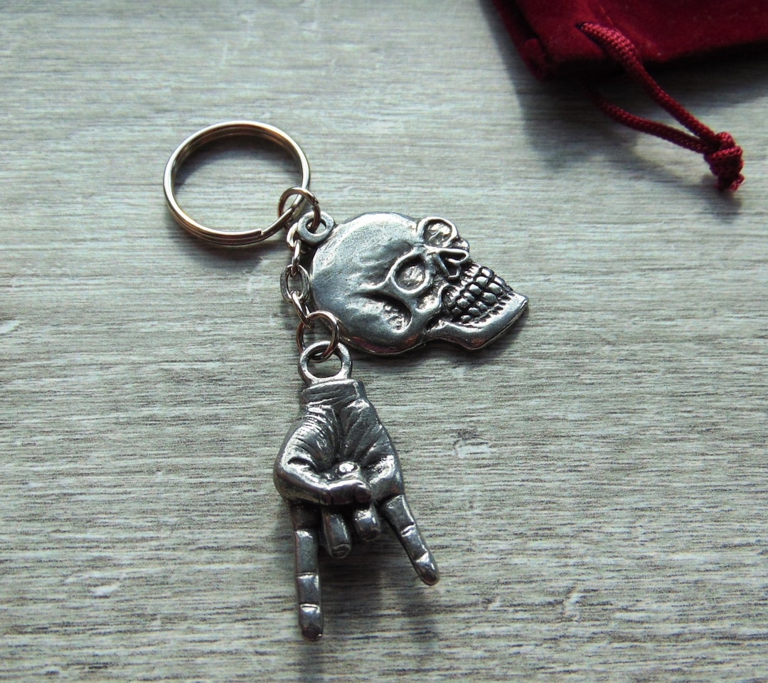 Rock on & Skull Pewter Keyring - Unique Fathers Day Gift - Heavy Metal ...
