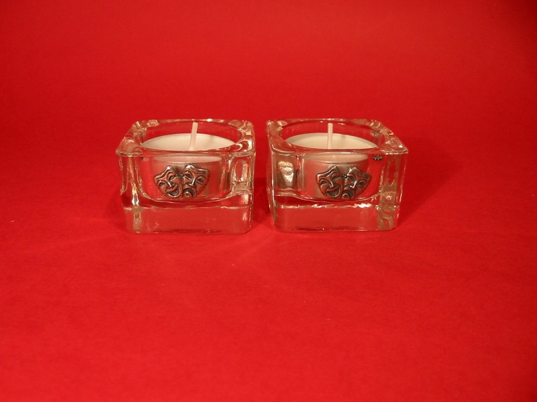 Comedy & Tragedy Masks Motif on A Pair of Square Glass Tea Light Candle ...