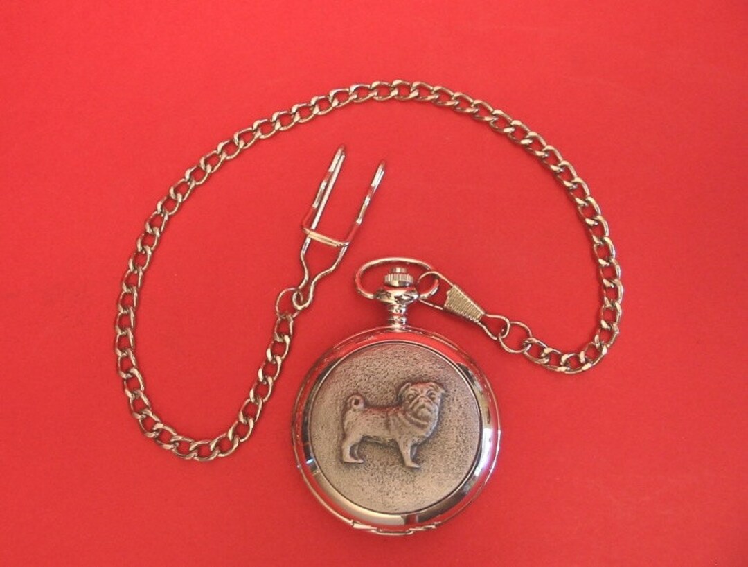 Pug Dog Design Pocket Watch Pewter Fronted With Albert Chain - Pug Gift ...