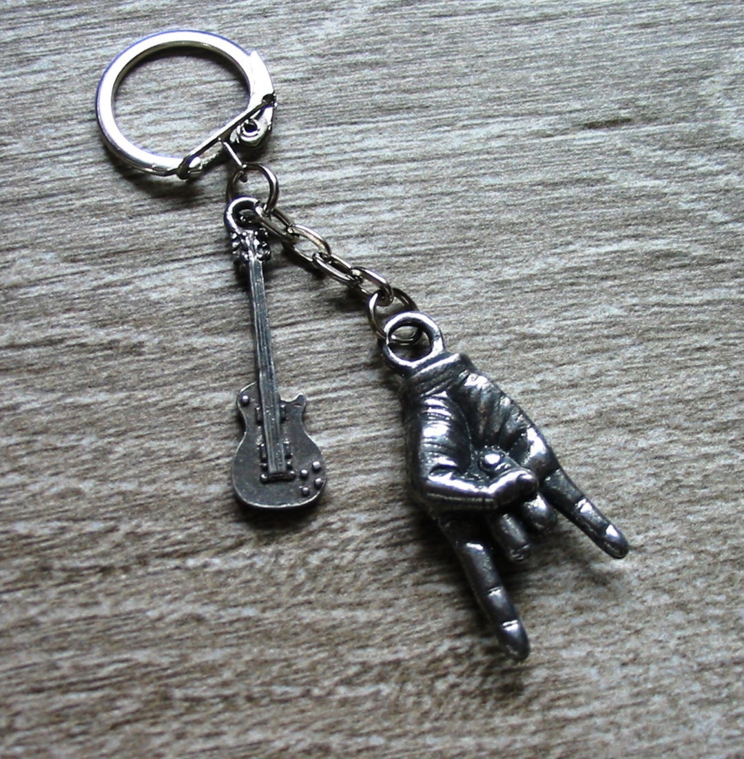 Rock on & Electric Guitar Pewter Keyring Combo - Heavy Metal Gift ...