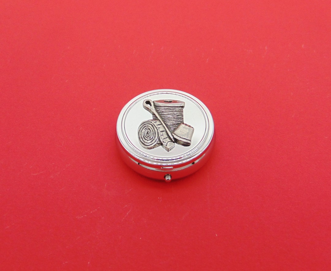 Sewing Design Round Chrome Pill Box Sewing Gift Small Trinket Box ...