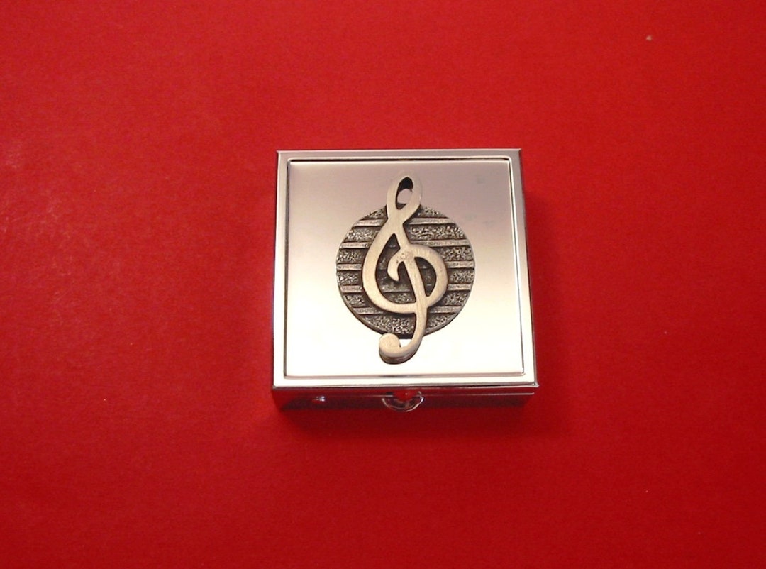 Treble Clef Design Square Chrome Mint / Pill Box Small Trinket Box Pill ...