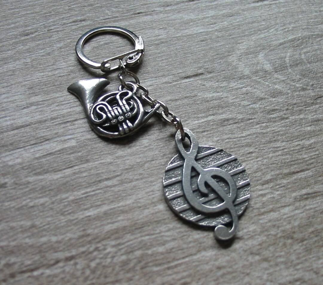 French Horn & Treble Clef Pewter Keyring Music Themed Keychain for ...