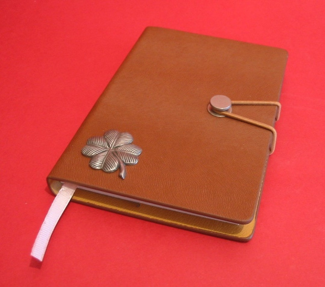 Four Leaf Clover Hand Cast Pewter Motif on A6 Tan Notebook Good Luck ...